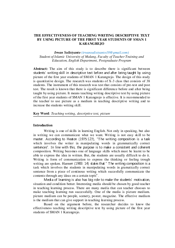 (PDF) THE EFFECTIVENESS OF TEACHING WRITING DESCRIPTIVE TEXT BY USING ...