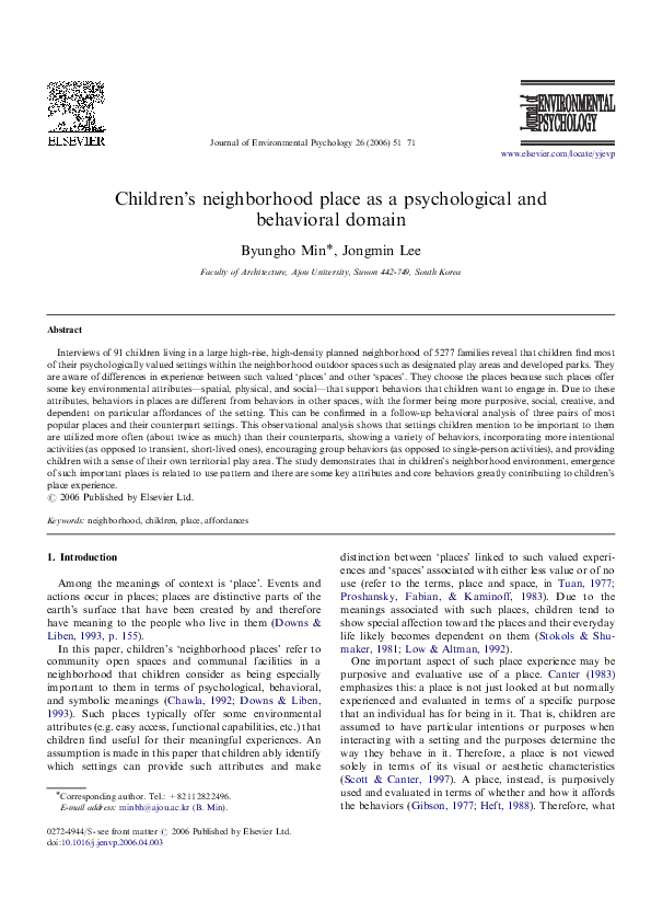 (PDF) Children's neighborhood place as a psychological and behavioral ...