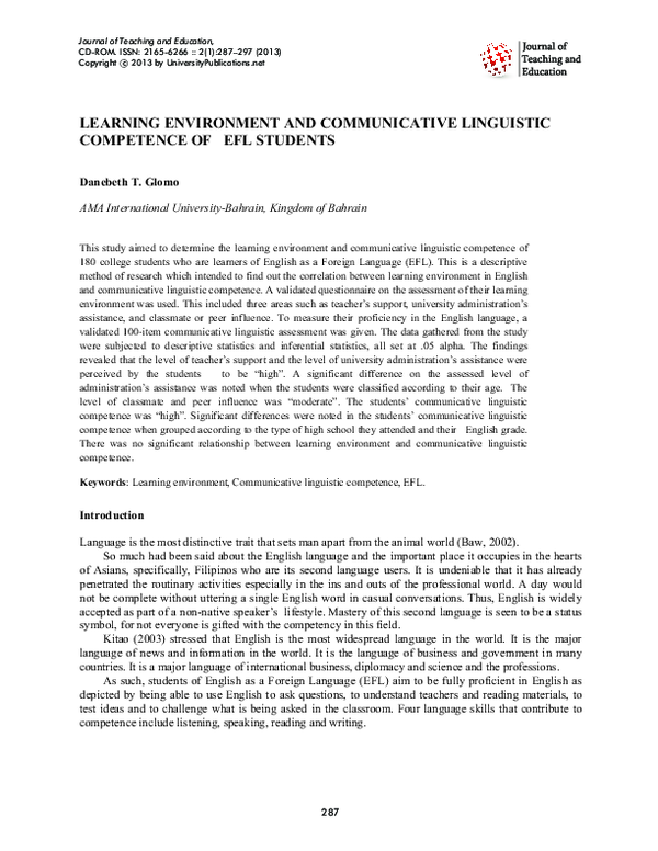 (PDF) LEARNING ENVIRONMENT AND COMMUNICATIVE LINGUISTIC COMPETENCE OF EFL STUDENTS