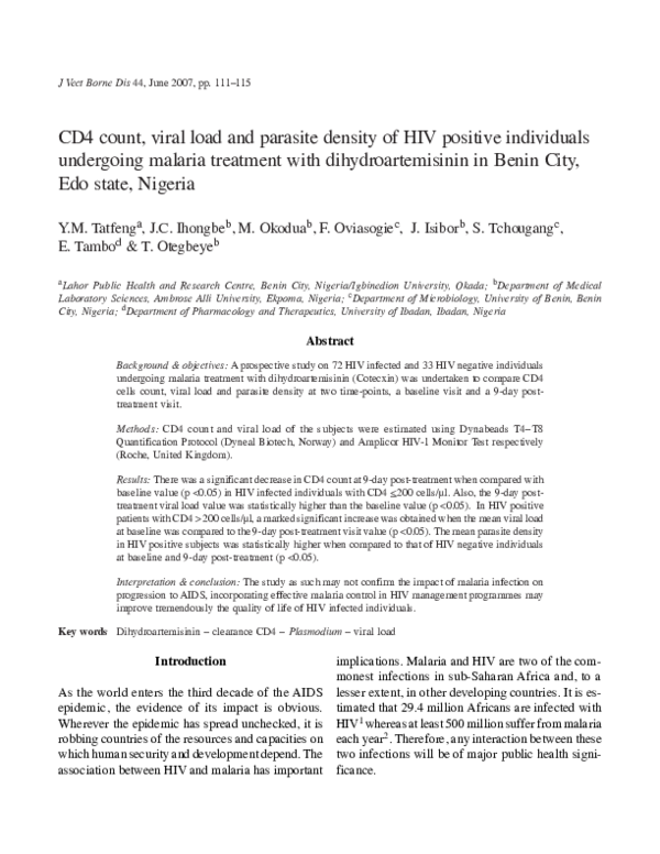 (PDF) CD4 count, viral load and parasite density of HIV positive ...