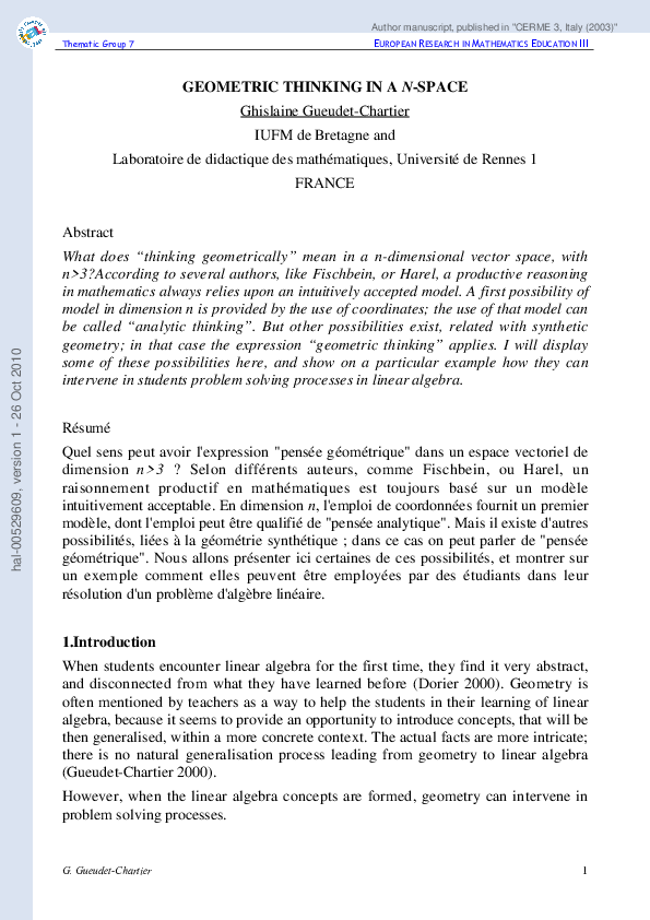 (PDF) Geometric thinking in a n-space