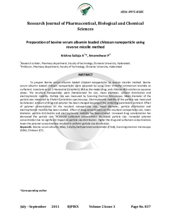 Preparation of bovine serum albumin loaded chitosan nanoparticle using ...