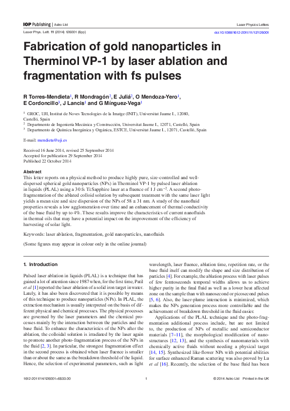 (PDF) Fabrication of gold nanoparticles in Therminol VP-1 by laser ablation and fragmentation ...
