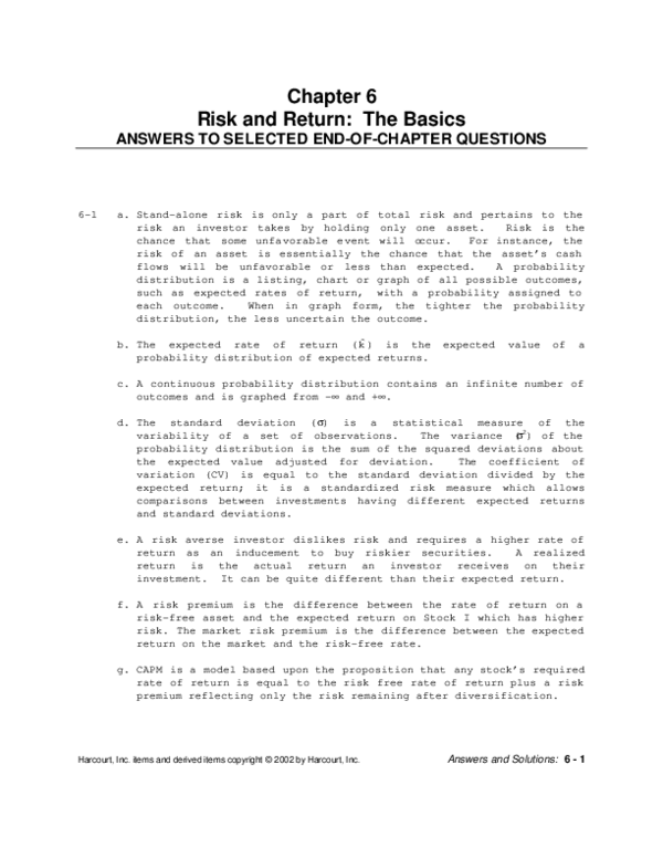 (PDF) Chapter 6 Risk and Return: The Basics ANSWERS TO SELECTED END-OF ...