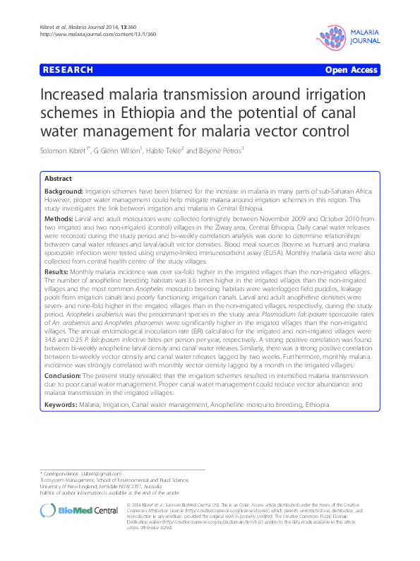 (PDF) Increased malaria transmission around irrigation schemes in Ethiopia and the potential of ...