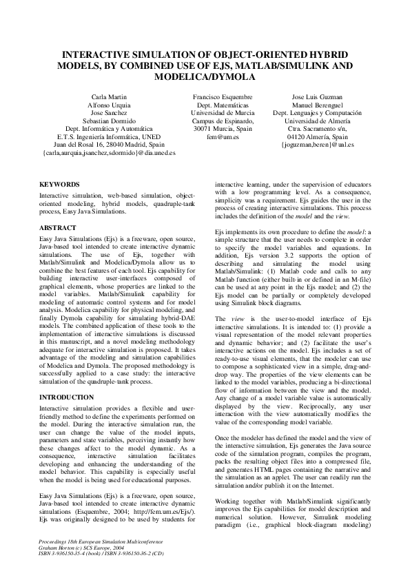 (PDF) INTERACTIVE SIMULATION OF OBJECT-ORIENTED HYBRID MODELS, BY COMBINED USE OF EJS, MATLAB ...