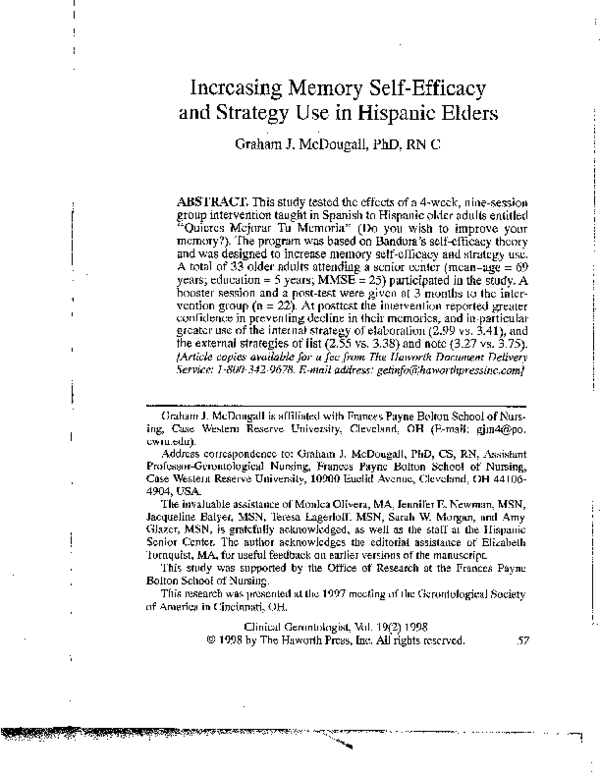 (PDF) Increasing Memory Self-Efficacy and Strategy Use in Hispanic Elders