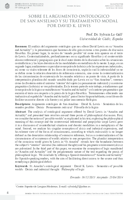 (PDF) “Sobre el argumento ontológico de San Anselmo y su tratamiento modal por David Lewis”