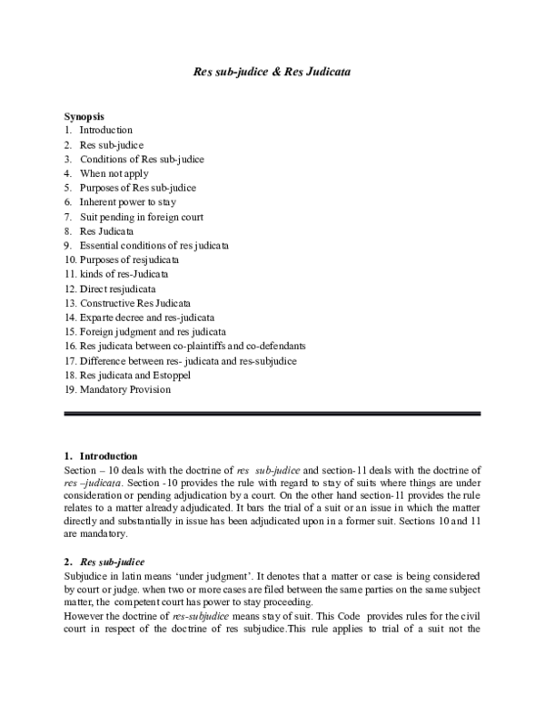 (DOC) Code Of Civil Procedure: Res sub-judice & Res Judicata