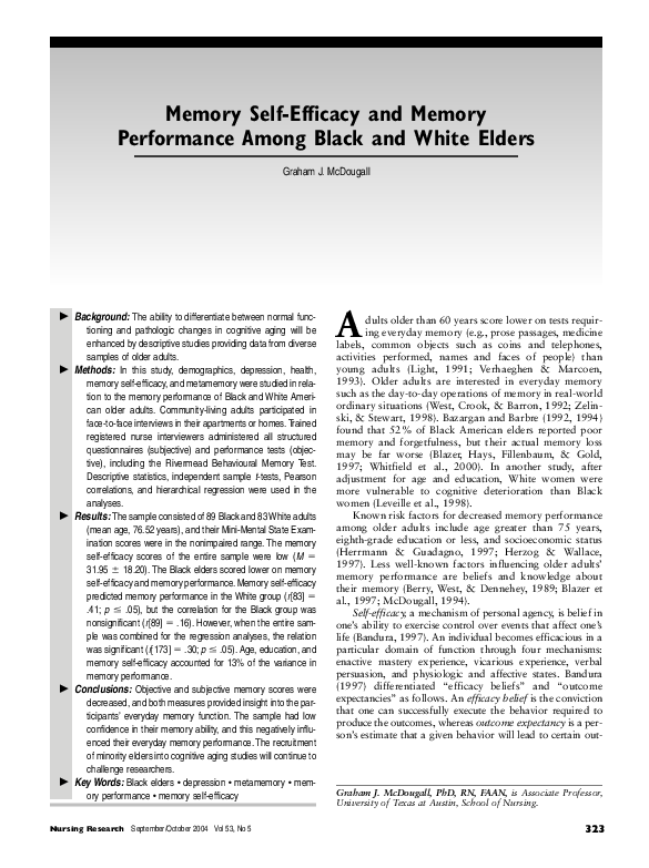 (PDF) Memory Self-Efficacy and Memory Performance Among Black and White Elders