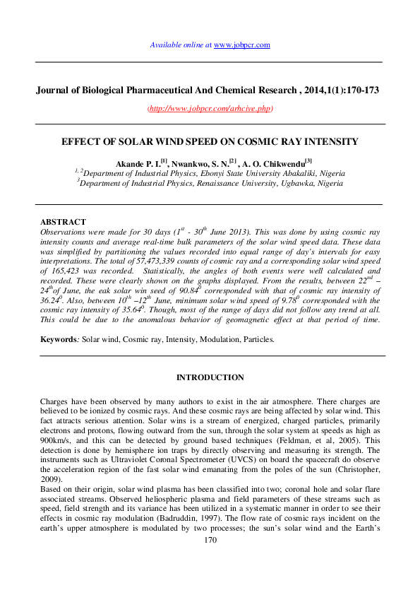 (PDF) EFFECT OF SOLAR WIND SPEED ON COSMIC RAY INTENSITY