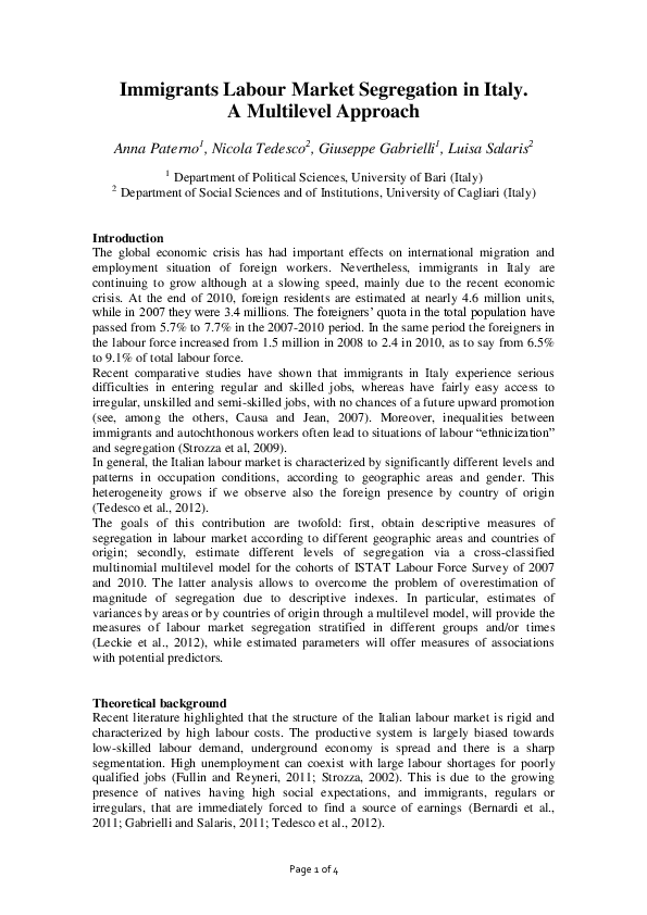 Immigrants Labour Market Segregation in Italy. A Multilevel Approach