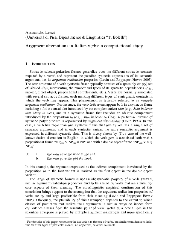 (PDF) Argument alternations in Italian verbs: a computational study