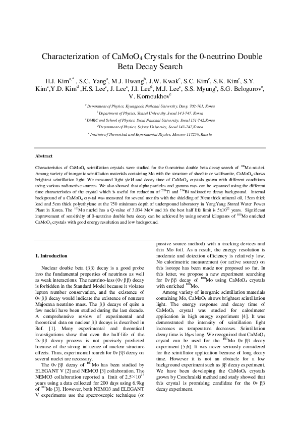(PDF) Characterization of CaMoO4 Crystals for the 0-neutrino Double ...