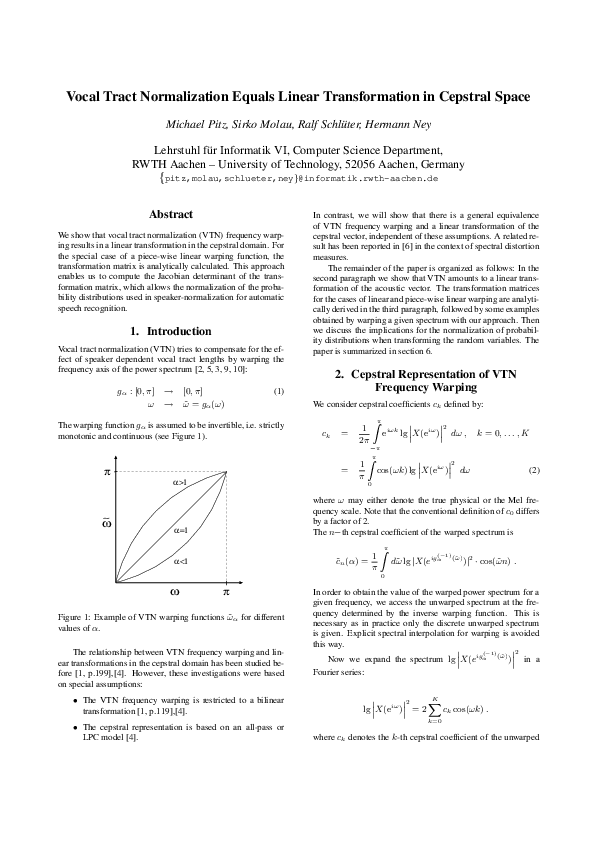 (PDF) Vocal tract normalization equals linear transformation in cepstral space