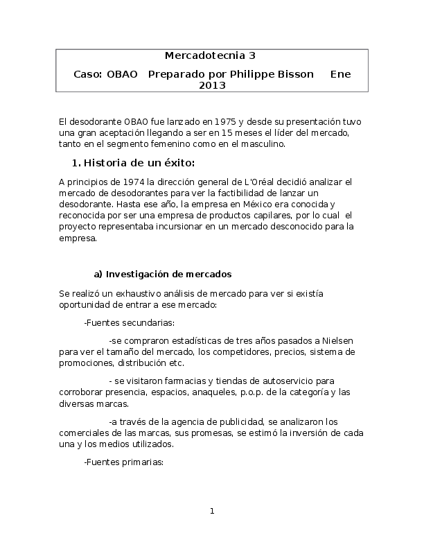 (DOC) Mercadotecnia 3 Caso: OBAO Preparado por Philippe Bisson Ene 2013