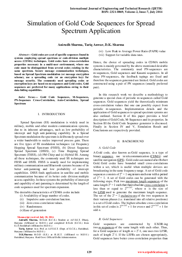 (PDF) Simulation of Gold Code Sequences for Spread Spectrum Application
