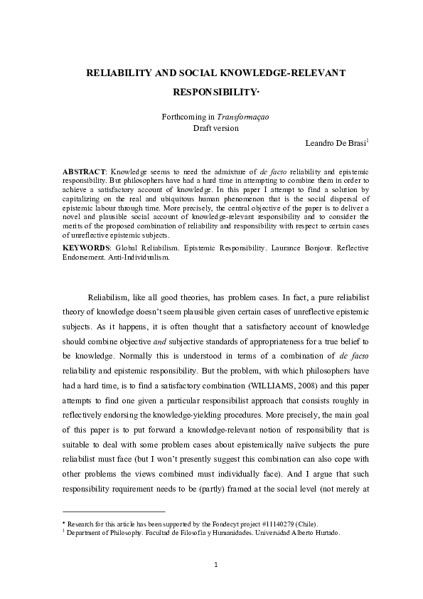 (PDF) Reliability and Social Knowledge-Relevant Responsibility