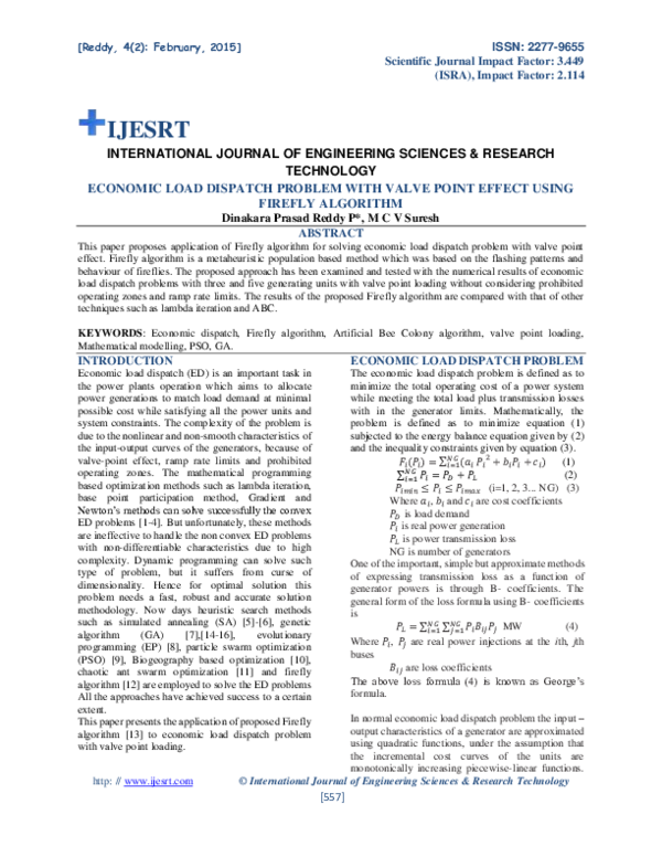 Pdf Economic Load Dispatch Problem With Valve Point Effect Using Firefly Algorithm