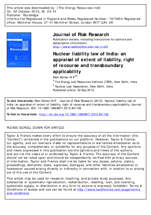 (PDF) Nuclear liability law in India. An appraisal of extent of ...