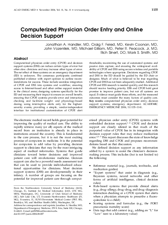 (PDF) Computerized Physician Order Entry and Online Decision Support