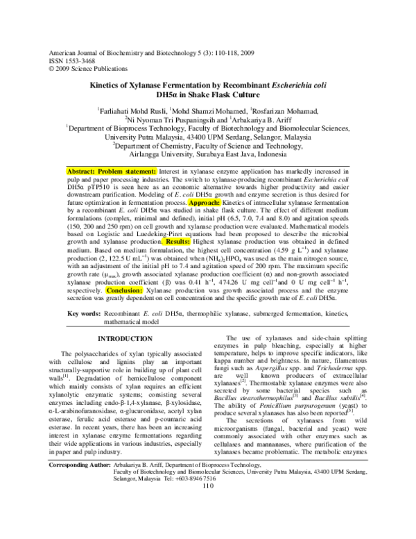 (PDF) Kinetics of Xylanase Fermentation by Recombinant Escherichia coli ...