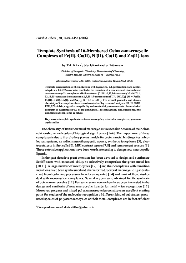 (PDF) Template Synthesis of 16-Membered Octaazamacrocyclic Complexes of Fe(II), Co(II), Ni(II ...