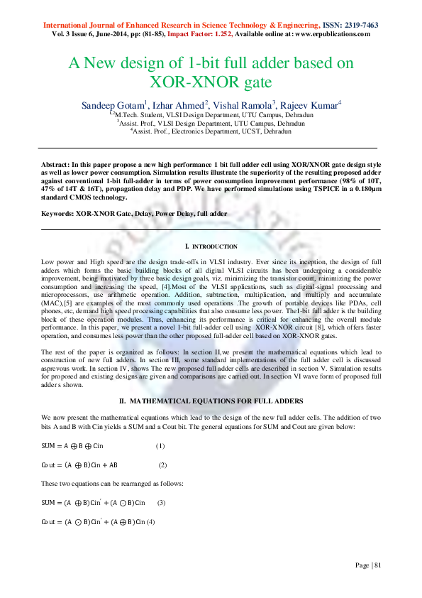 (PDF) A New design of 1-bit full adder based on XOR-XNOR gate