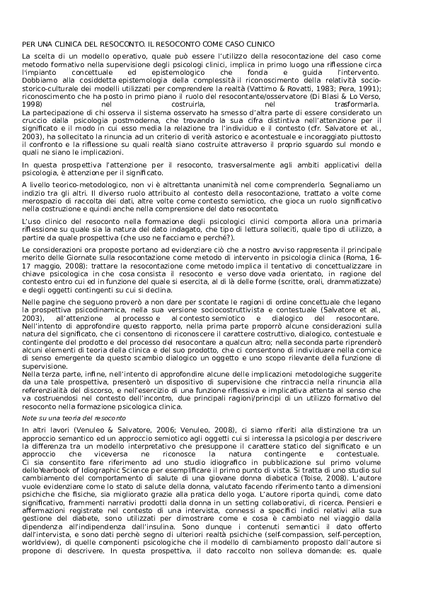PER UNA CLINICA DEL RESOCONTO. IL RESOCONTO COME CASO CLINICO (C Venuleo)