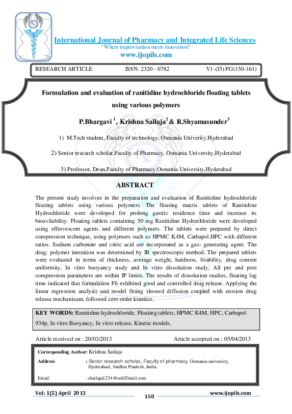 Formulation And Evaluatiofformulation And Evaluationn Of Ranitidine Hydrochloride Floating