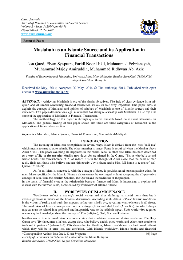 (PDF) Maslahah as an Islamic Source and its Application in Financial ...