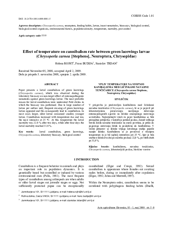 (PDF) Effect of temperature on cannibalism rate between green lacewings larvae (Chrysoperla ...