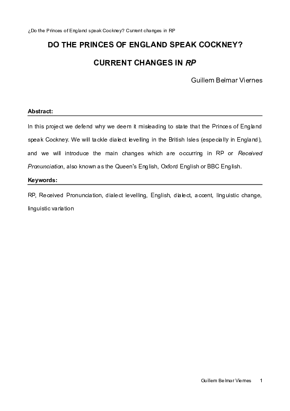 (PDF) Do the Princes of England speak Cockney? Current changes in RP ...