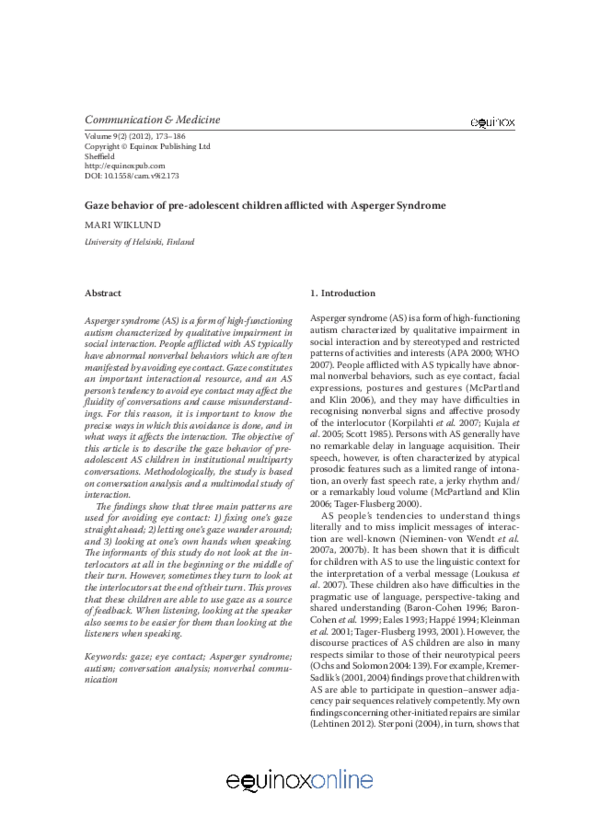 (PDF) Gaze behavior of pre-adolescent children afflicted with Asperger ...