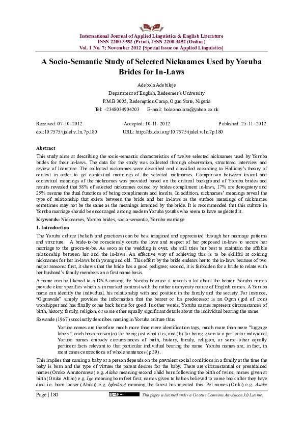 (PDF) A Socio-Semantic Study of Selected Nicknames Used by Yoruba ...
