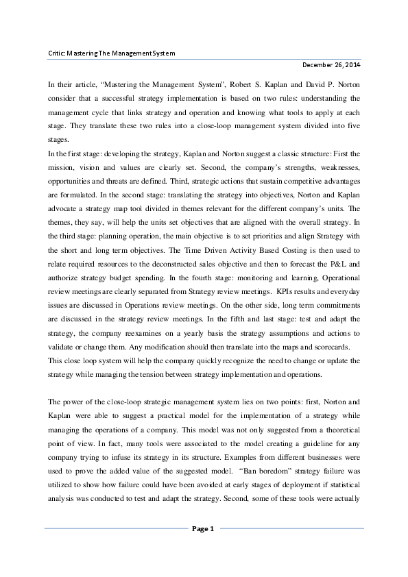 (PDF) A Critic for "Mastering the Management System" by Norton and Kaplan