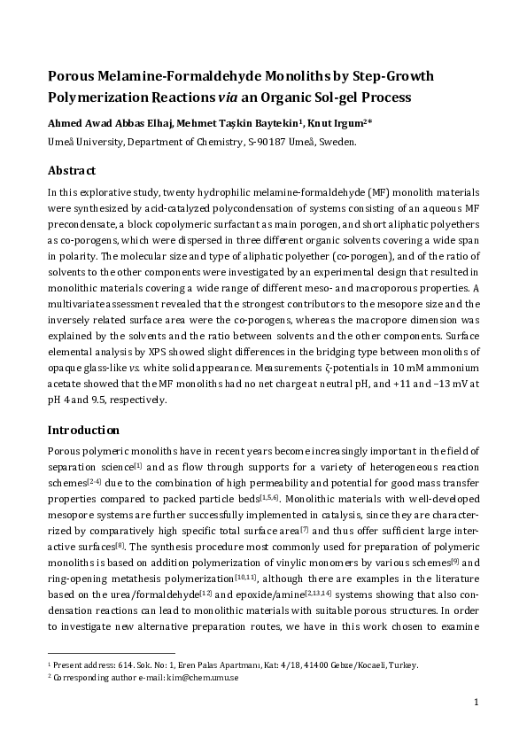 (PDF) Porous Melamine-Formaldehyde Monoliths by Step-Growth ...