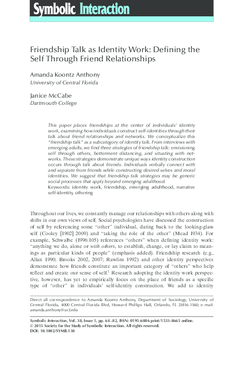 (PDF) “Friendship Talk as Identity Work: Defining the Self through ...