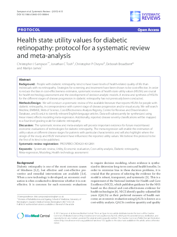 (PDF) Health state utility values for diabetic retinopathy: protocol ...