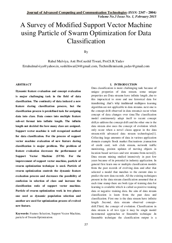 Pdf A Survey Of Modified Support Vector Machine Using Particle Of Swarm Optimization For Data 