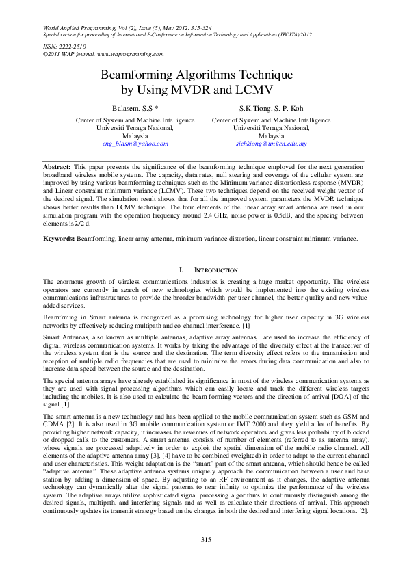 (PDF) Beamforming Algorithms Technique by Using MVDR and LCMV