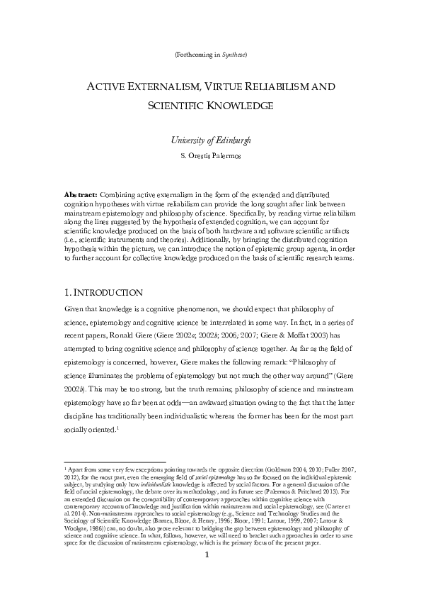 (PDF) Active Externalism, Virtue Reliabilism and Scientific Knowledge