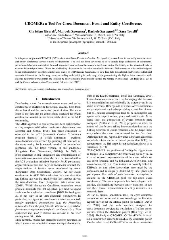 (PDF) CROMER: a Tool for Cross-Document Event and Entity Coreference