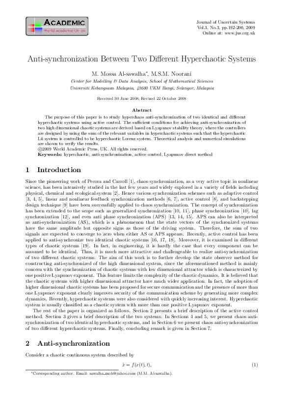 Pdf Anti Synchronization Between Two Difierent Hyperchaotic Systems