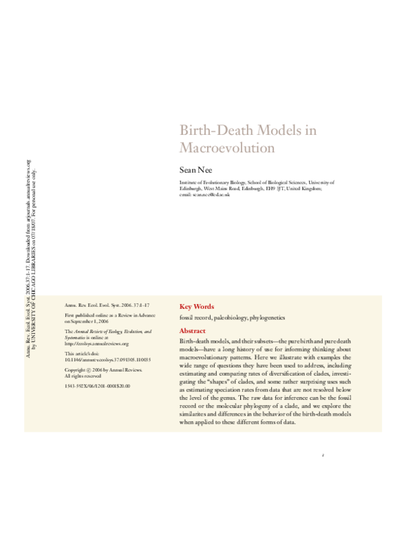 (PDF) Birth/Death models in the study of macroevolution
