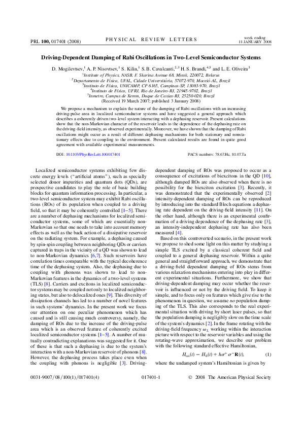 (PDF) Driving-Dependent Damping of Rabi Oscillations in Two-Level Semiconductor Systems