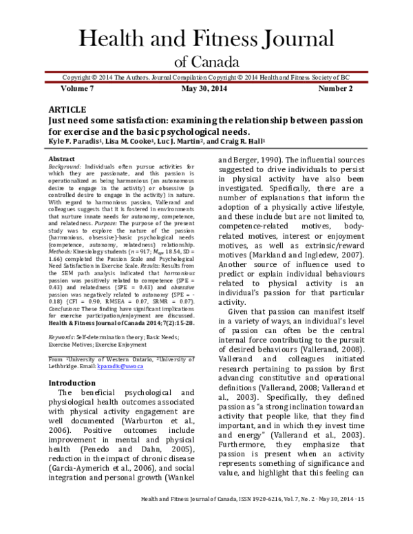 Pdf Just Need Some Satisfaction Examining The Relationship Between Passion For Exercise And