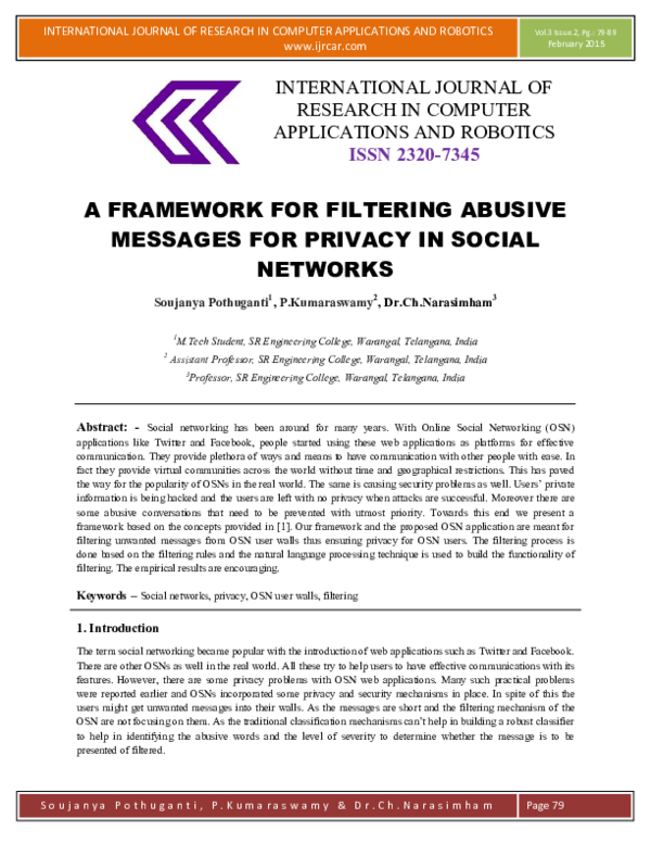 (PDF) A FRAMEWORK FOR FILTERING ABUSIVE MESSAGES FOR PRIVACY IN SOCIAL NETWORKS