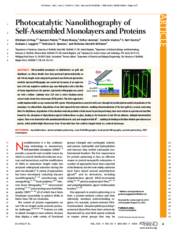 (PDF) Photocatalytic Nanolithography of Self-Assembled Monolayers and Proteins