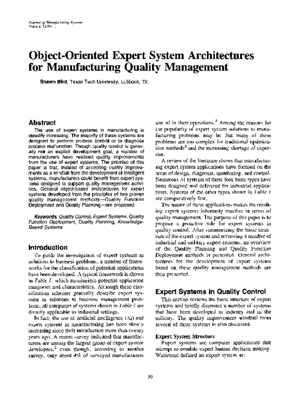(PDF) Object-Oriented Expert System Architectures for Manufacturing Quality Management